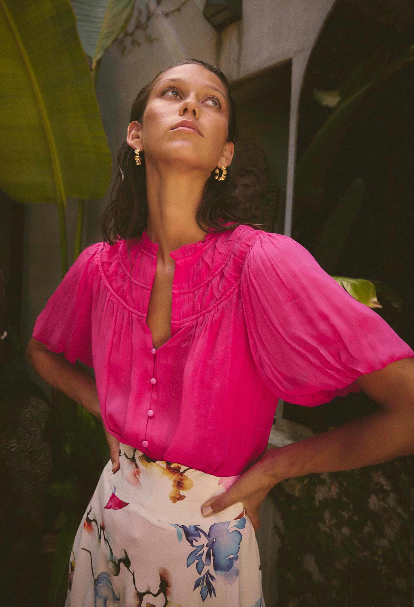 SELINI BRAIDED NECK CHIFFON BLOUSE | Celosia Pink – Darling & Domain